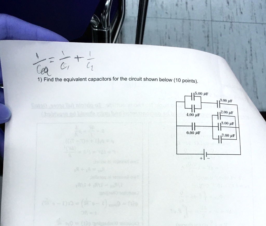 SOLVED: Gata 1) Find the equivalent capacitors for the circuit shown below (10 points) 5.0 #F Kw ...