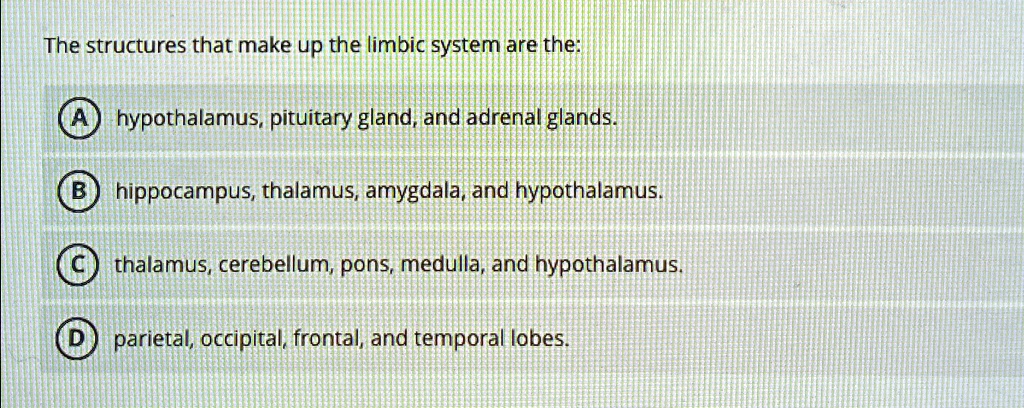 The structures that make up the limbic system are the: - hypothalamus ...