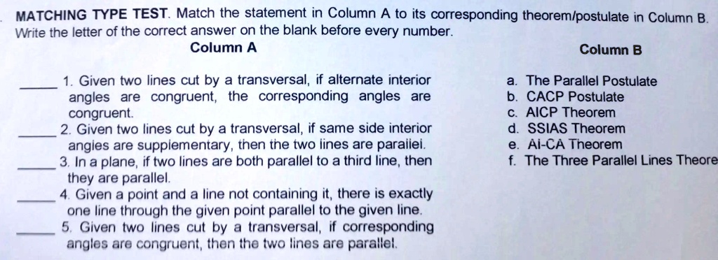 SOLVED: MATCHING TYPE TEST Match the statement in Column A to its ...