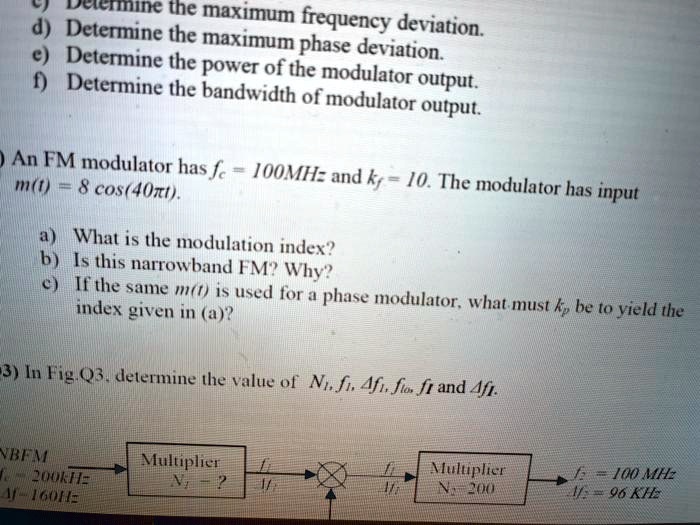 SOLVED: The maximum frequency deviation d. Determine the maximum phase deviation e. Determine ...