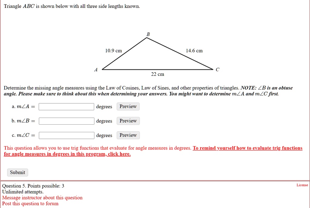 Triangle ABC is shown below with all three side lengths known. A 10.9 ...