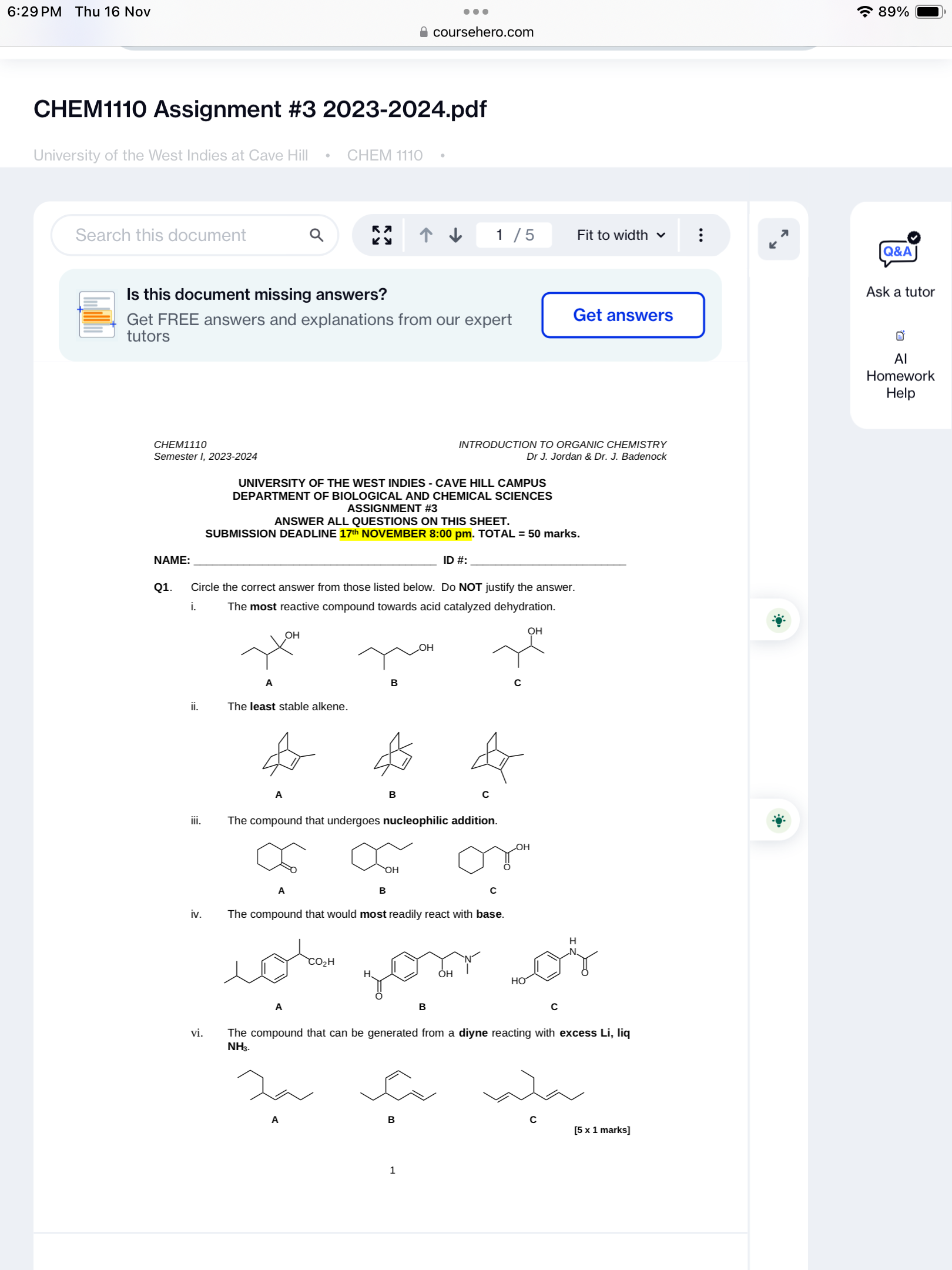[GET ANSWER] 6:29 PM Thu 16 Nov ? 89 % coursehero.com CHEM1110 Assignment #3 2023-2024.pdf ...