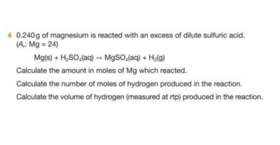 SOLVED: 40.240 g of magnesium is reacted with an excess of dilute sulfuric acid. (Ar: M g=24) Mg ...