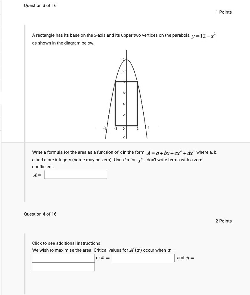 SOLVED: Question 3 of 16 Points A rectangle has its base on the X-axis and its upper two ...