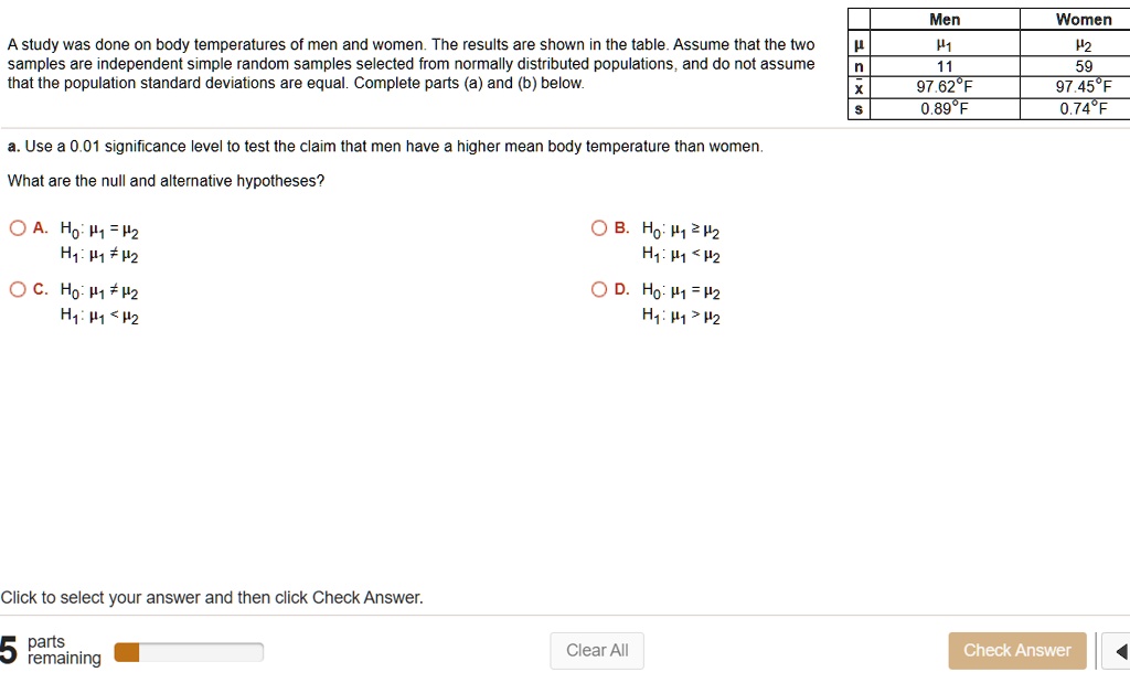 men women a study was done on body temperatures of men and women the results are shown in the ...