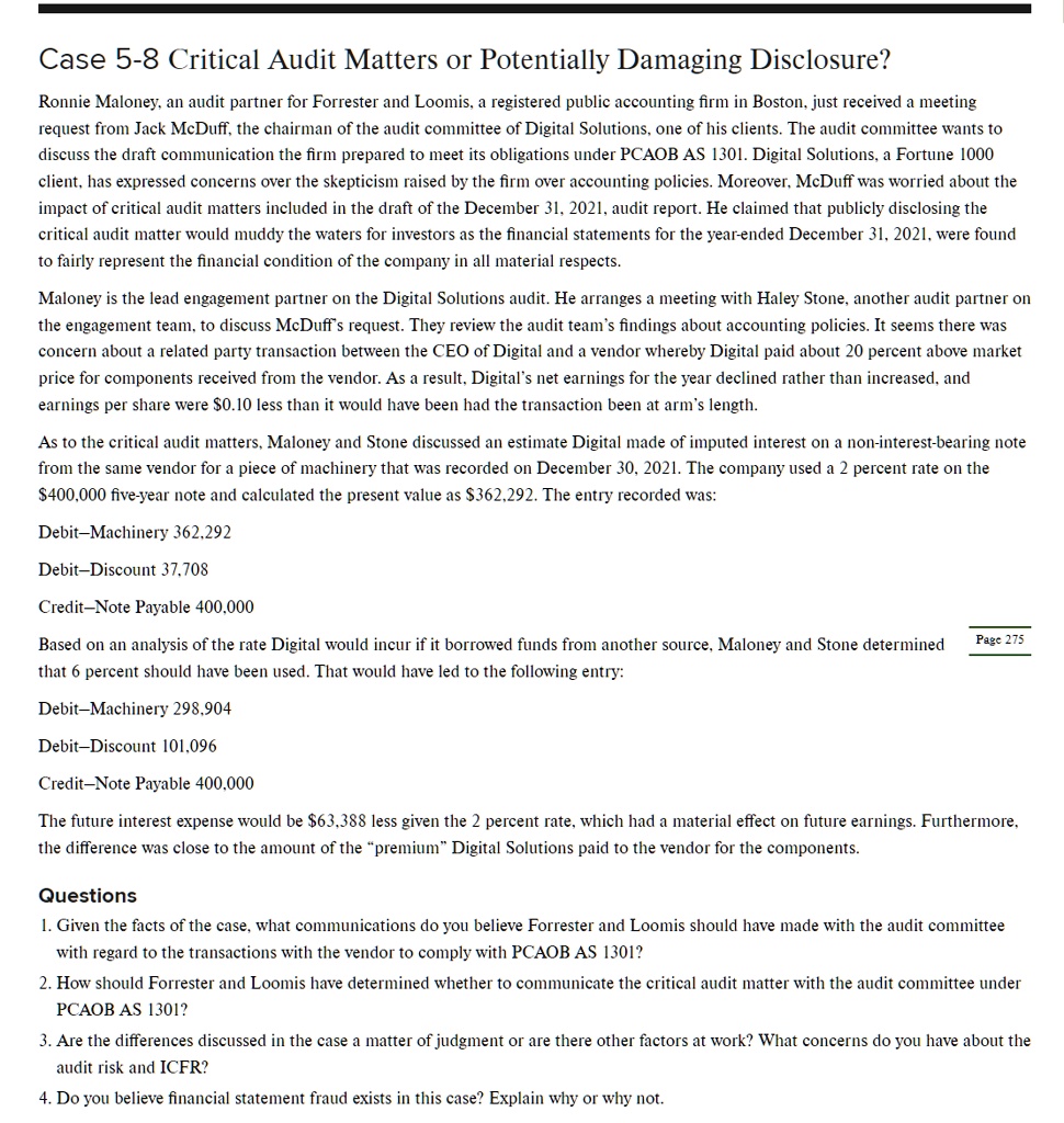 [GET ANSWER] case 5 8 critical audit matters or potentially damaging ...