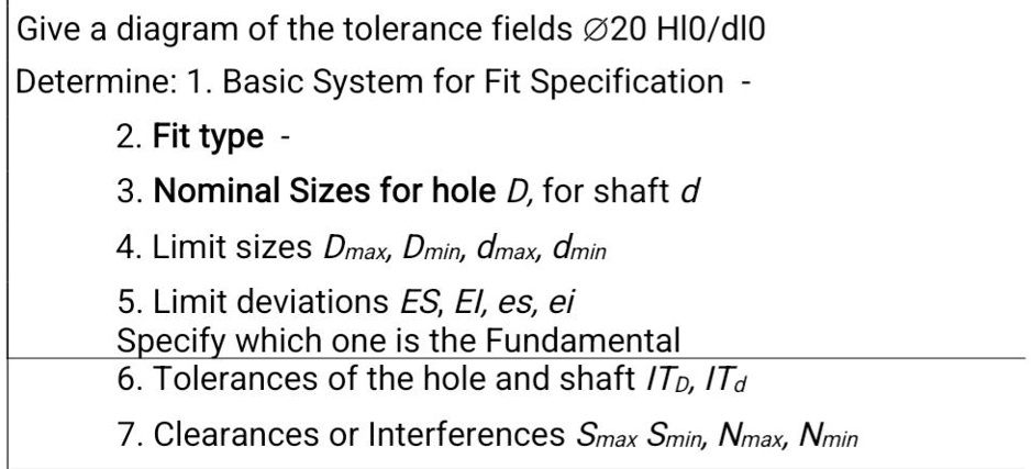 Give a diagram of the tolerance fields Ø20 HI0/dl0 Determine: 1. Basic ...