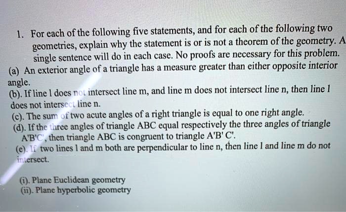 SOLVED: For each of the following five statements, and for each of the following two geometries ...