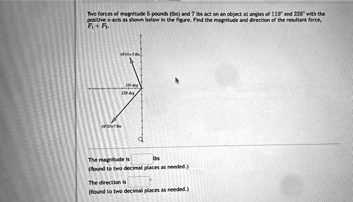 SOLVED: Texts: Two forces of magnitude 5 pounds (lbs) and 7 pounds (lbs ...