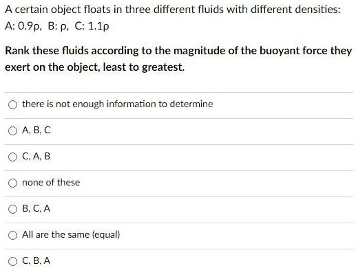 A certain object floats in three different fluids with different densities: A: 0.9ρ, B: ρ, C: 1 ...