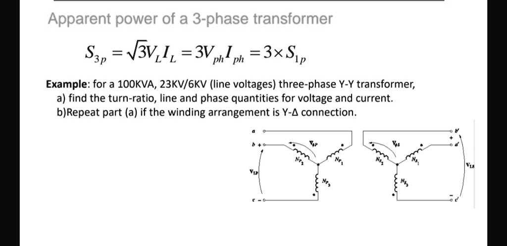 Apparent power of a 3-phase transformer S3p = √(3)VL IL = 3VphIph = 3 × S1p Example: for a ...