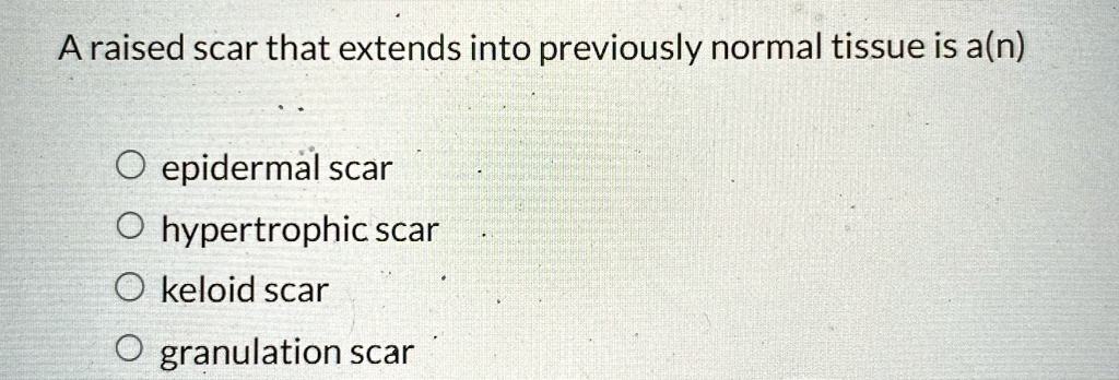 A raised scar that extends into previously normal tissue is a(n) O ...