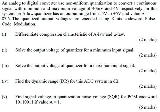 SOLVED: An analog to digital converter use non-uniform quantization to convert a continuous ...