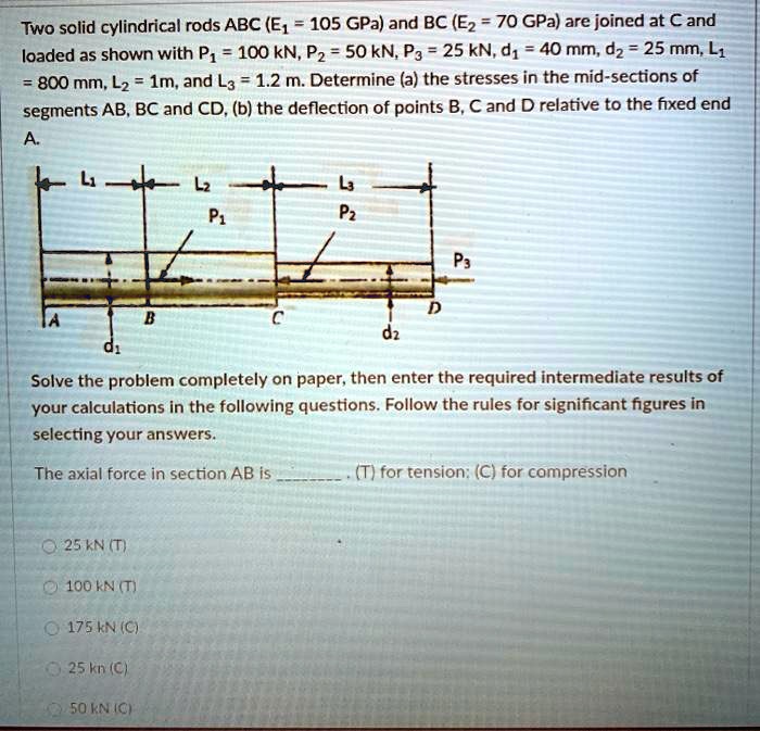 Two solid cylindrical rods ABC (E1 = 105 GPa) and BC (E2 = 70 GPa) are ...