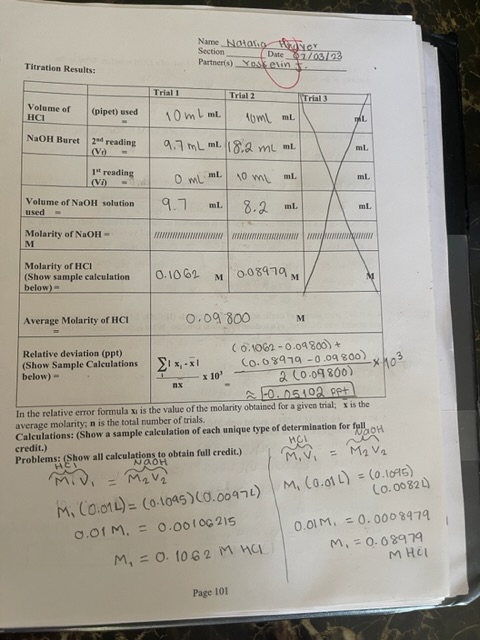 SOLVED: Nume Natafio Hèyyer Section Nate D D/03/23 Titration Results ...