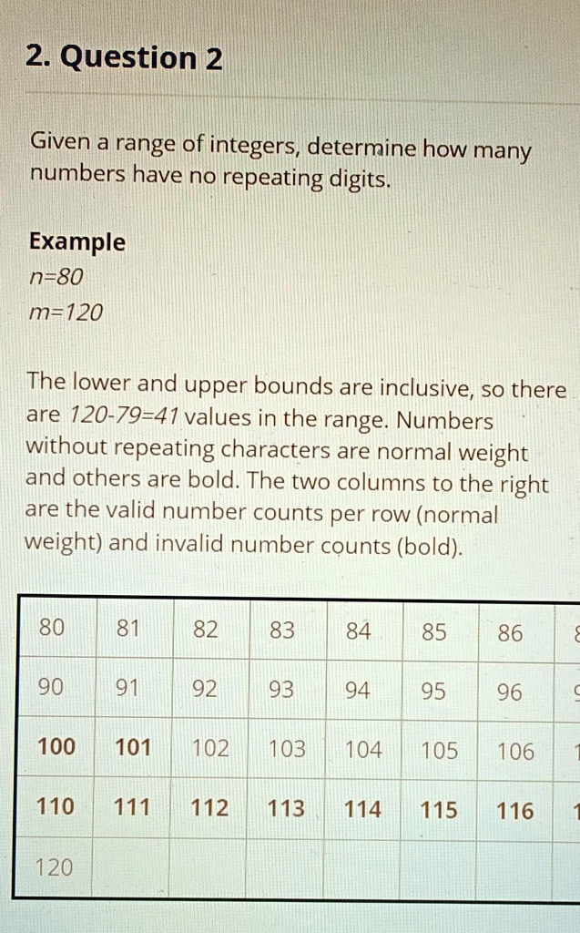 question 2 given a range of integers determine how many numbers have no repeating digits example ...