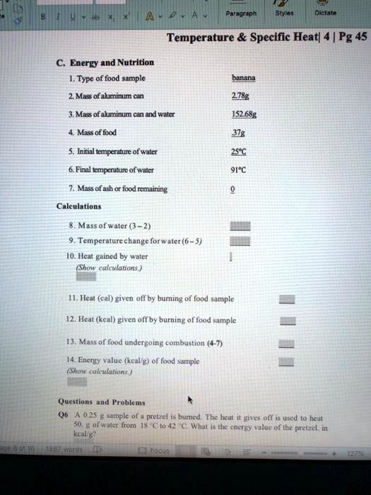 paragraph ctal temperature specific heat 4 pg 45 energy and nutrition ...
