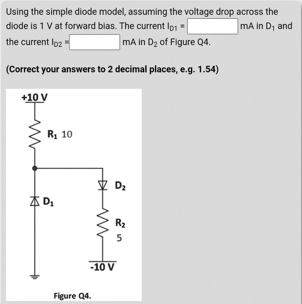 SOLVED: Using the simple diode model,assuming the voltage drop across the diode is 1 V at ...