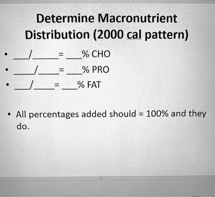 SOLVED: Determine Macronutrient Distribution (2000 cal pattern) % CHO ...