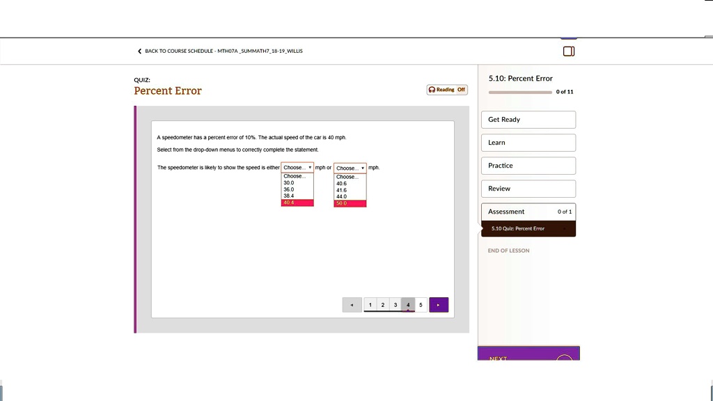 QUIZ: Percent Error A speedometer has a percent error of 10%. The ...