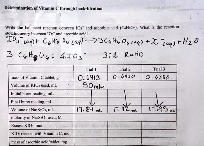 determination of vitamin through back titration write the balanced ...