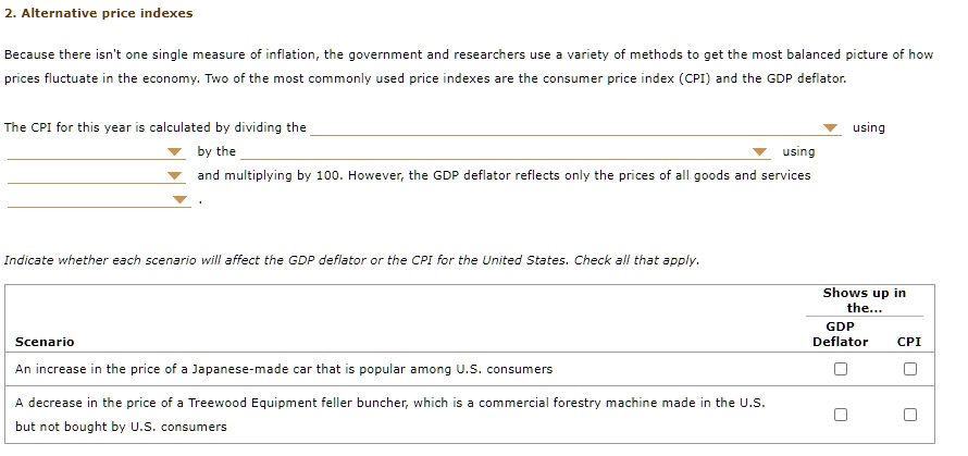 SOLVED: 2. Alternative price indexes Because there isn't one single measure of inflation, the ...