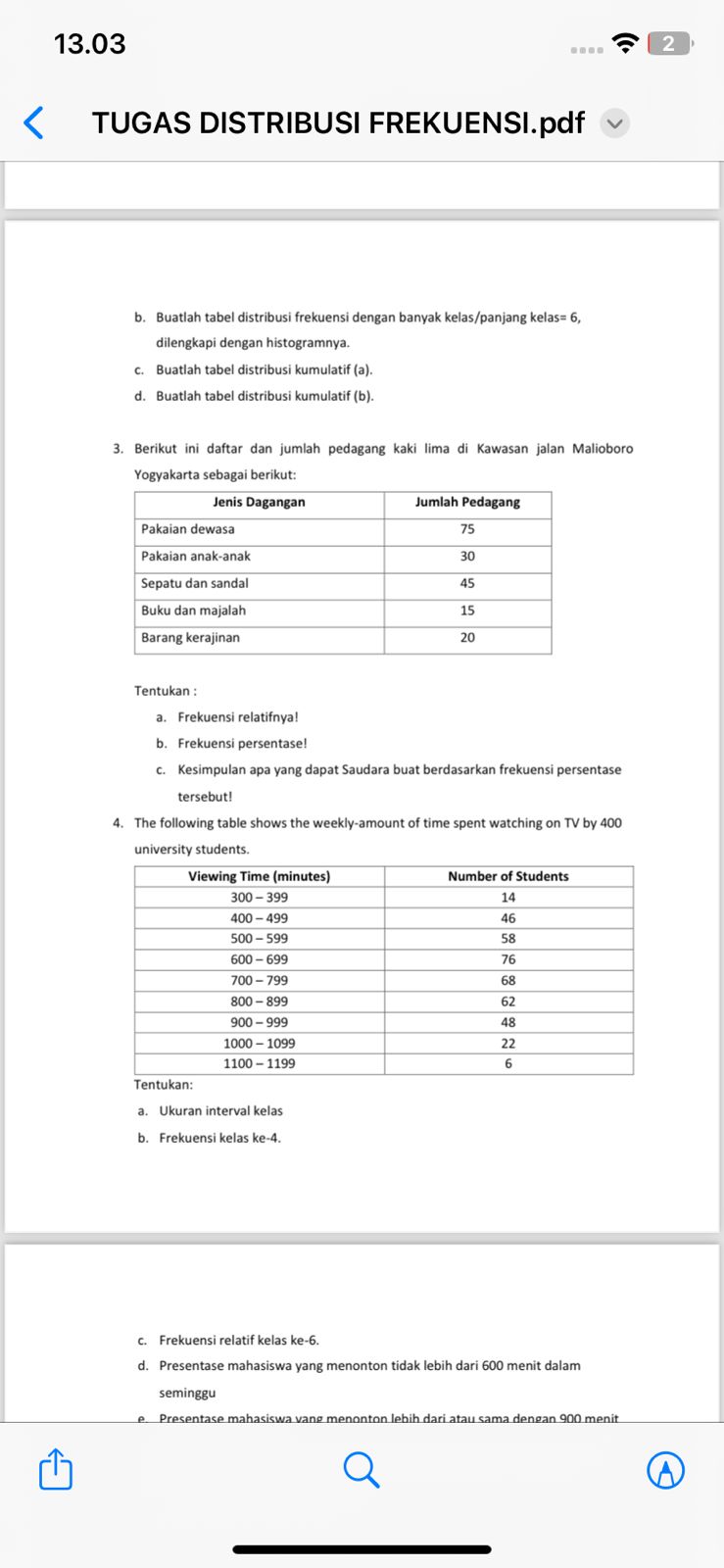 13.03 2 TUGAS DISTRIBUSI FREKUENSI.pdf b. Buatlah tabel distribusi frekuensi dengan banyak kelas ...