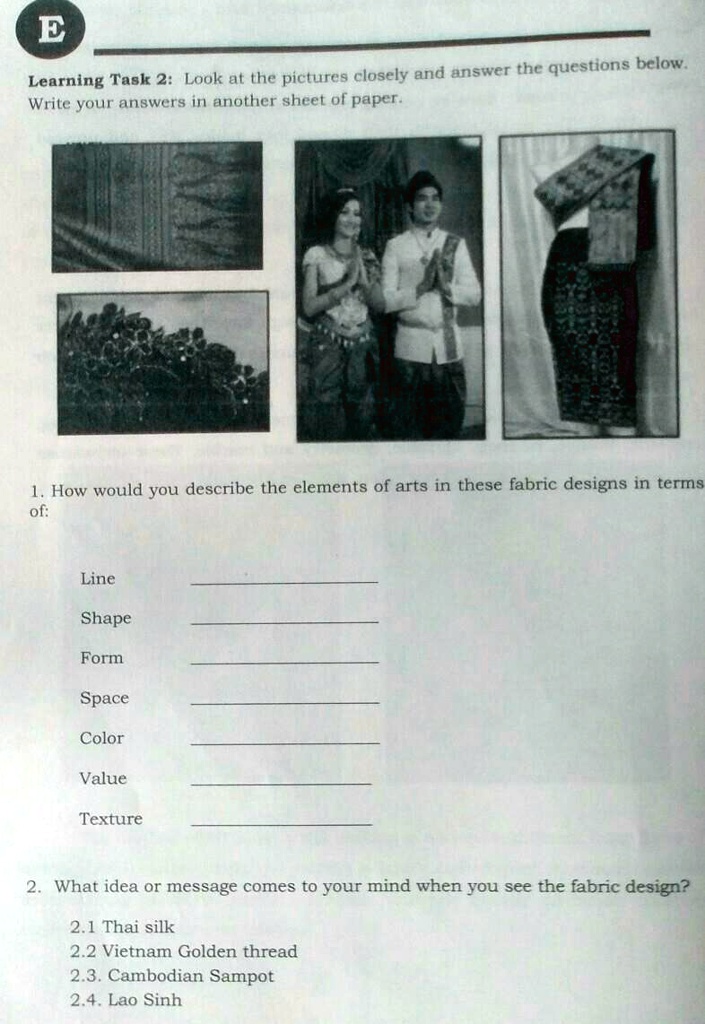 pakisagot po nito please posalamat po e learning task 2 look at the pictures closely and answer ...