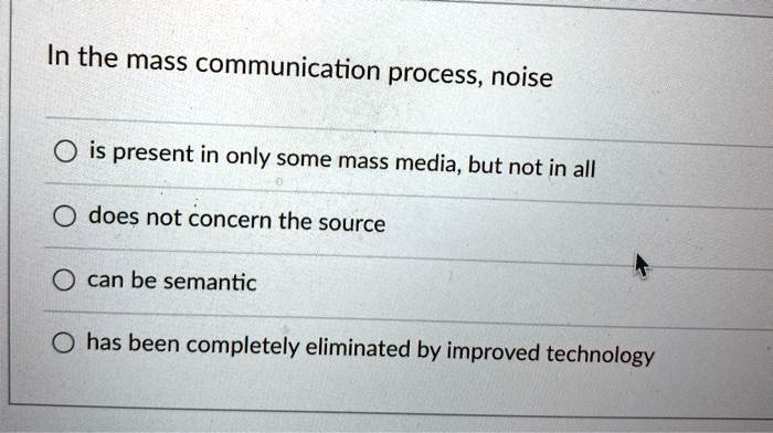 SOLVED: In the mass communication process, noise is present in only ...
