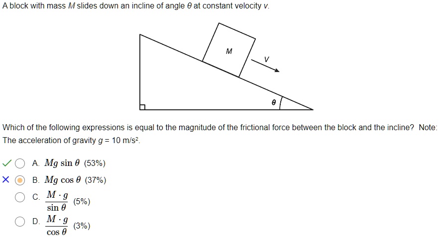 SOLVED: A block with mass M slides down an incline of angle e at constant velocity v Which of ...