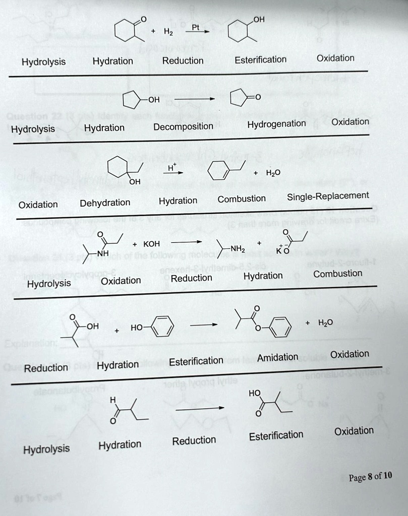SOLVED: Hydrolysis Hydration Reduction Esterification Oxidation ...