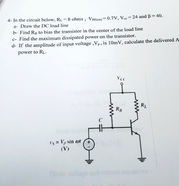 4- In the circuit below, RL = 8 ohms, VBE(on) = 0.7V, Vcc = 24 and β = 40. a- Draw the DC load ...