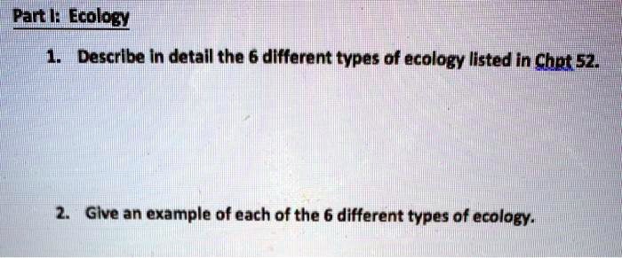 SOLVED: EalExoky Describe In detail the 6 different types of ecology ...