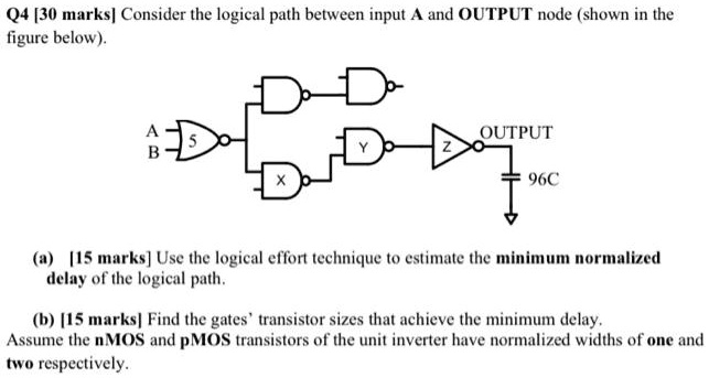 SOLVED: Q4 [30 marks] Consider the logical path between input A and OUTPUT node shown in the ...