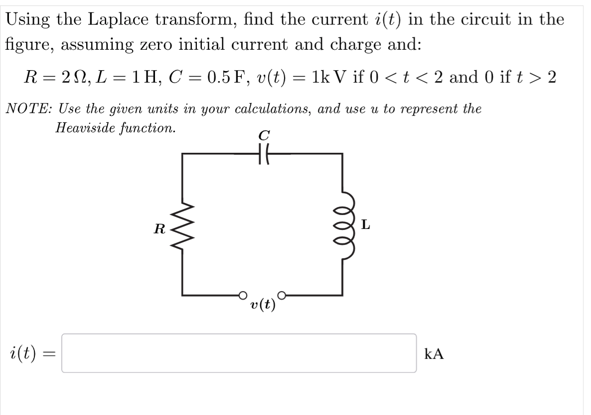 Using the Laplace transform, find the current i(t) in the circuit in the figure, assuming zero ...
