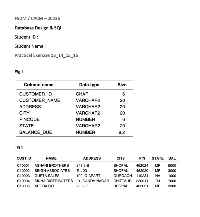 FSDM / CPCM - 20235 Database Design SQL Student ID : Student Name : Practical Exercise 13141516 ...