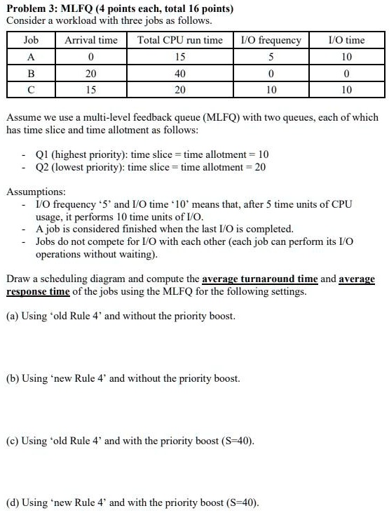 Problem 3: MLFQ (4 points each, total 16 points) Consider a workload with three jobs as follows ...