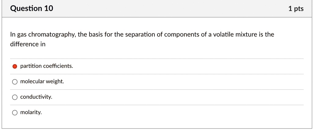 SOLVED: Question 10 1 pts In gas chromatography; the basis for the separation of components of a ...