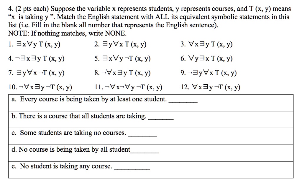 SOLVED: 4. (2 pts each) Suppose the variable x represents students, y represents courses, and T ...