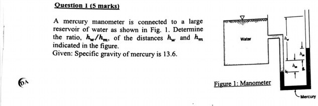 SOLVED: A mercury manometer is connected to a large reservoir of water as shown in Fig. 1 ...