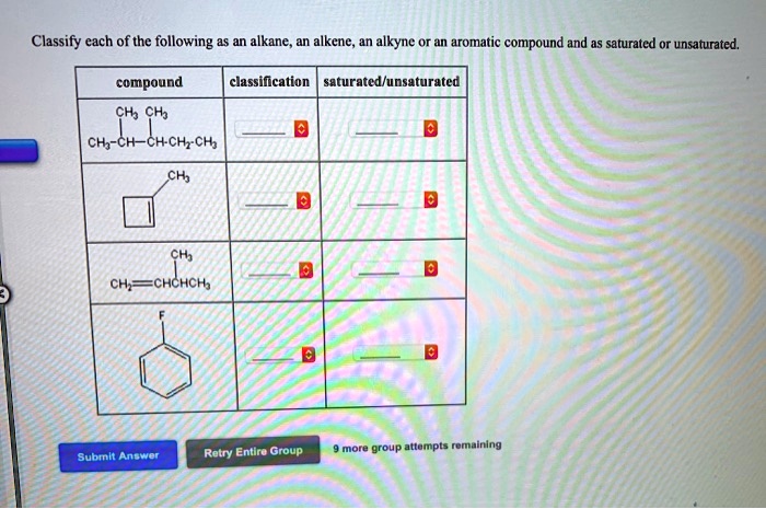 SOLVED: Classify each of the following &s an alkane, an alkene, alkyne aromatc compound and ...