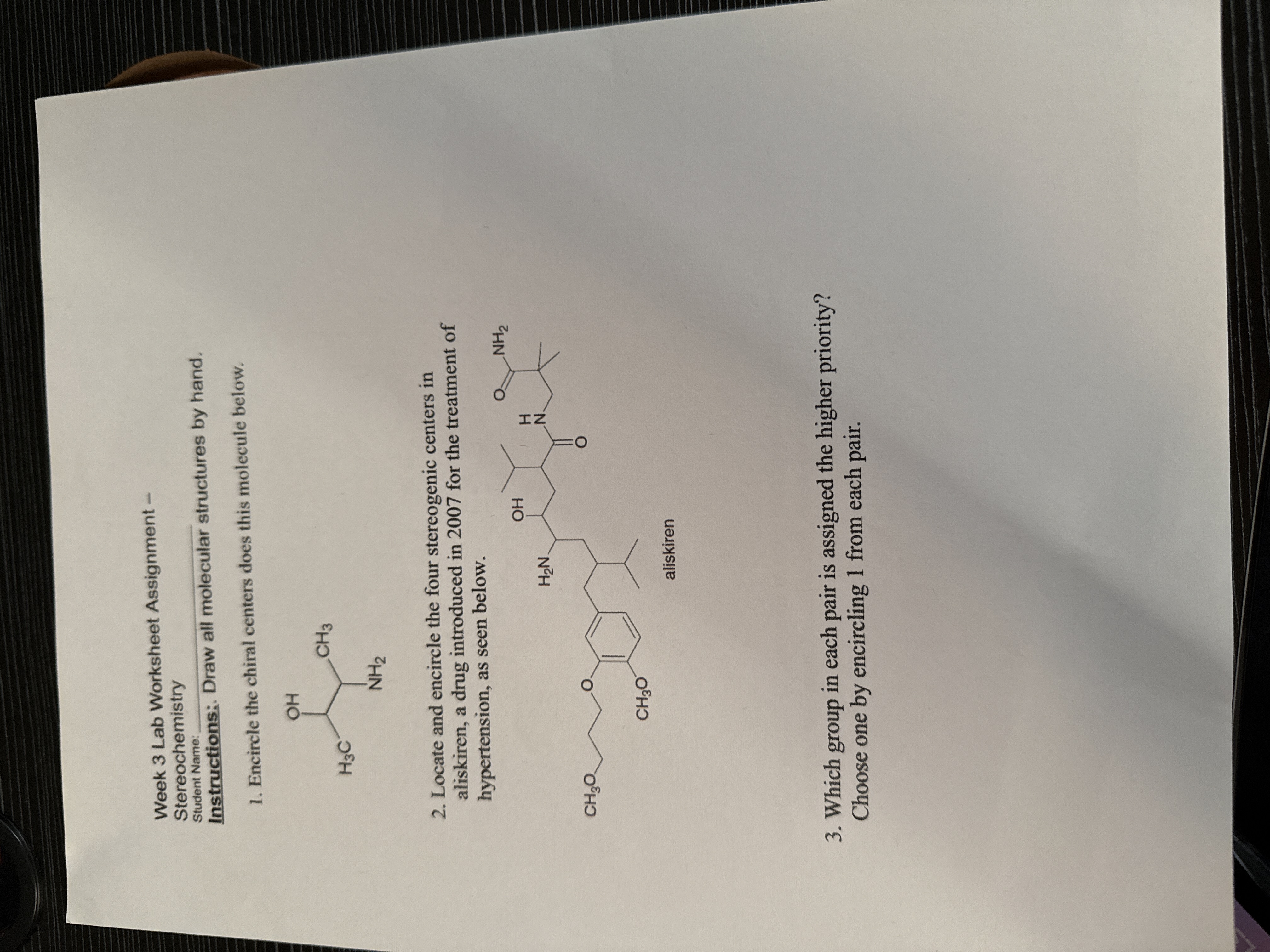 [GET ANSWER] Week 3 Lab Worksheet Assignment Stereochemistry Student ...