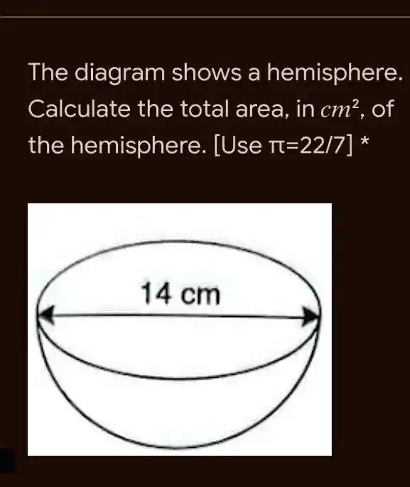 The diagram shows a hemisphere. Calculate the total area, in cm², of ...