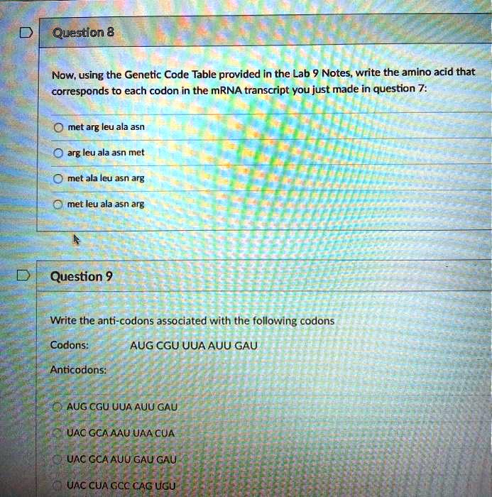 SOLVED: Question 8 Now, using the Genetic Code Table provided in the ...