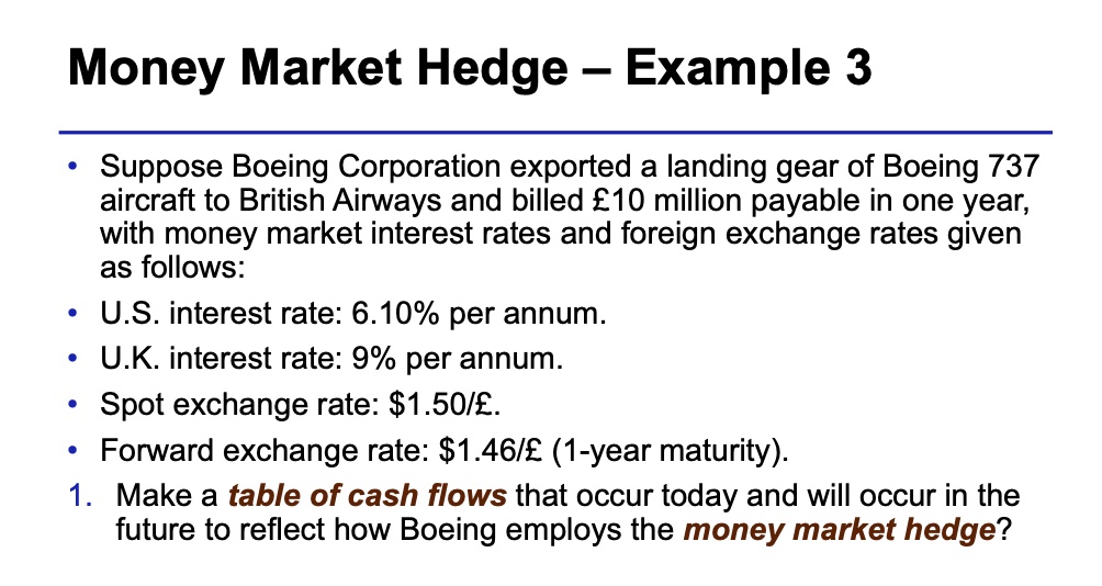Money Market Hedge – Example 3 • Suppose Boeing Corporation exported a ...