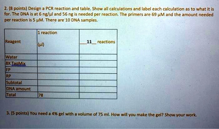 SOLVED: 2. (8 points) Design a PCR reaction and table. Show all ...
