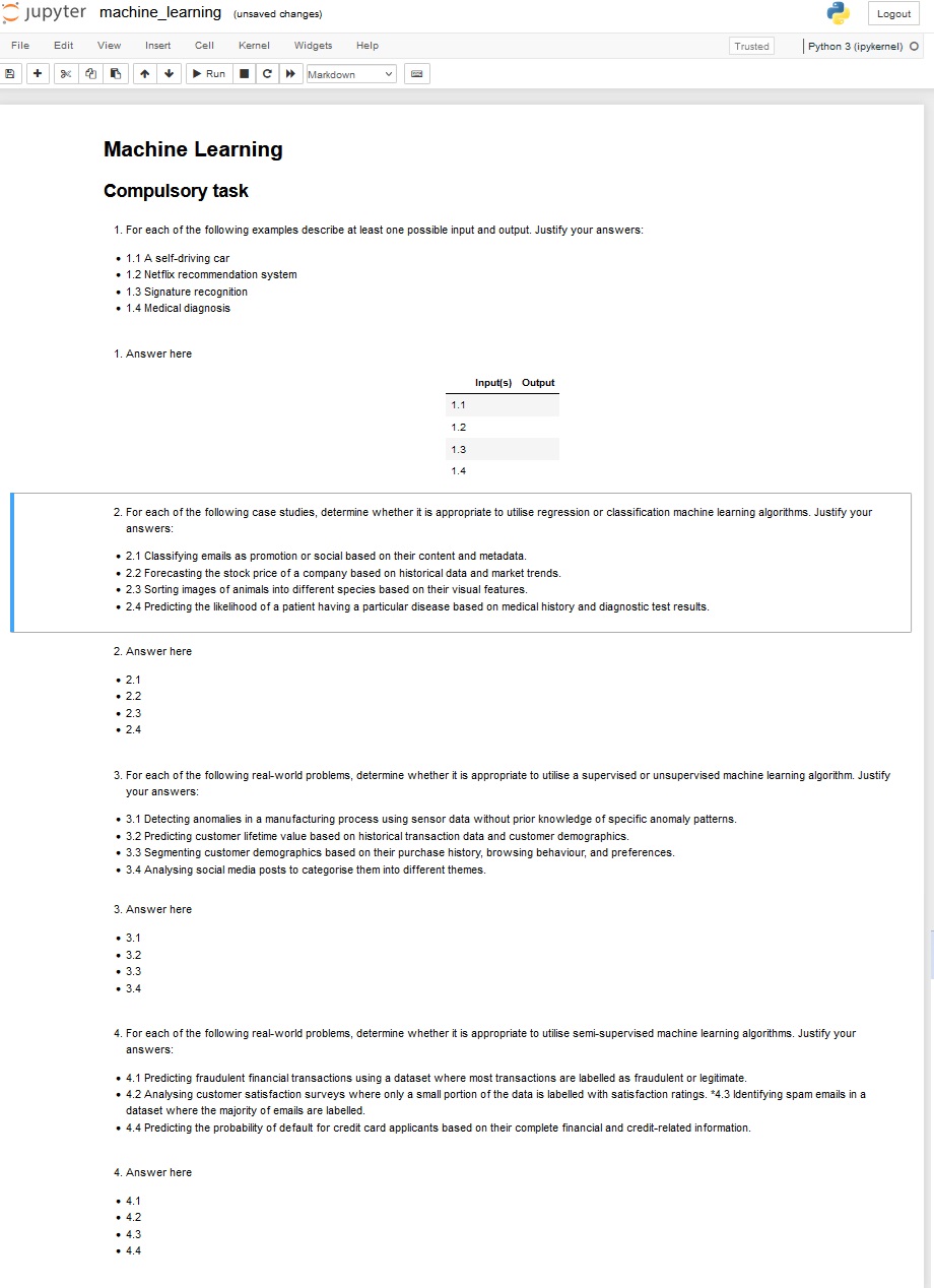 [GET ANSWER] Machine Learning Compulsory task 1. For each of the ...