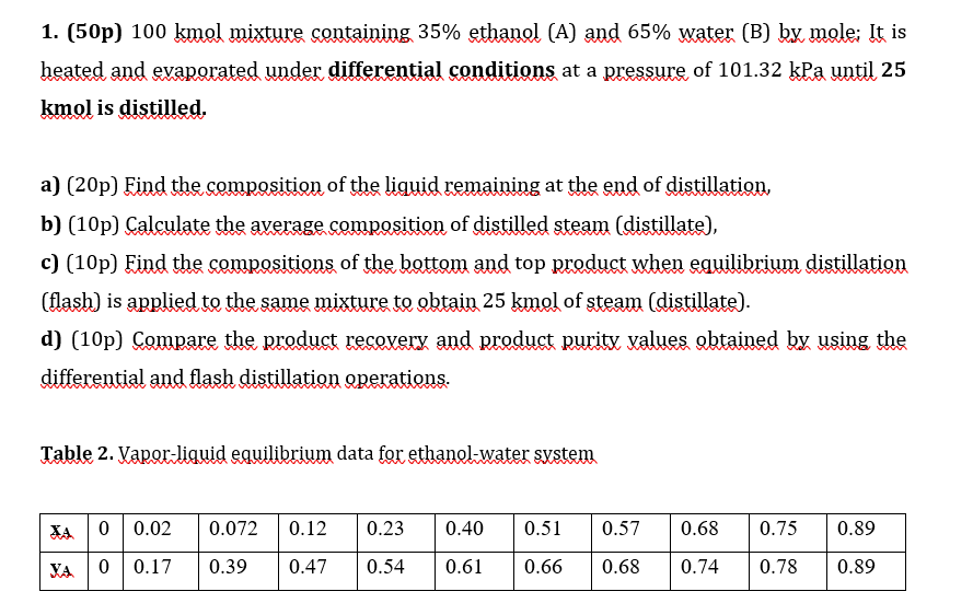 SOLVED: 1. (50p) 100 kmol mixture containing 35 % ethanol (A) and 65 % water (B) by mole It is ...