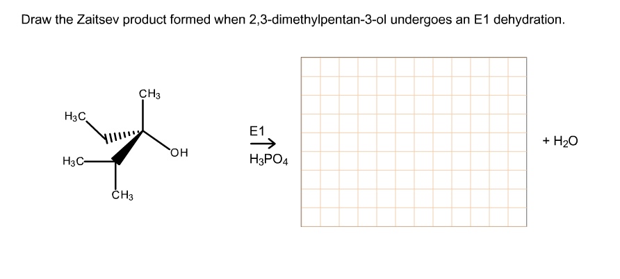 SOLVED: Draw the Zaitsev product formed when 2,3-dimethylpentan-3-ol undergoes an E1 dehydration ...