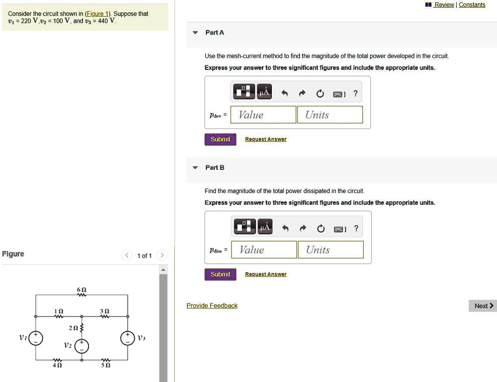 SOLVED: Review | Constants Consider the circuit shown in Figure 1. Suppose that V1 = 220 V, V2 ...
